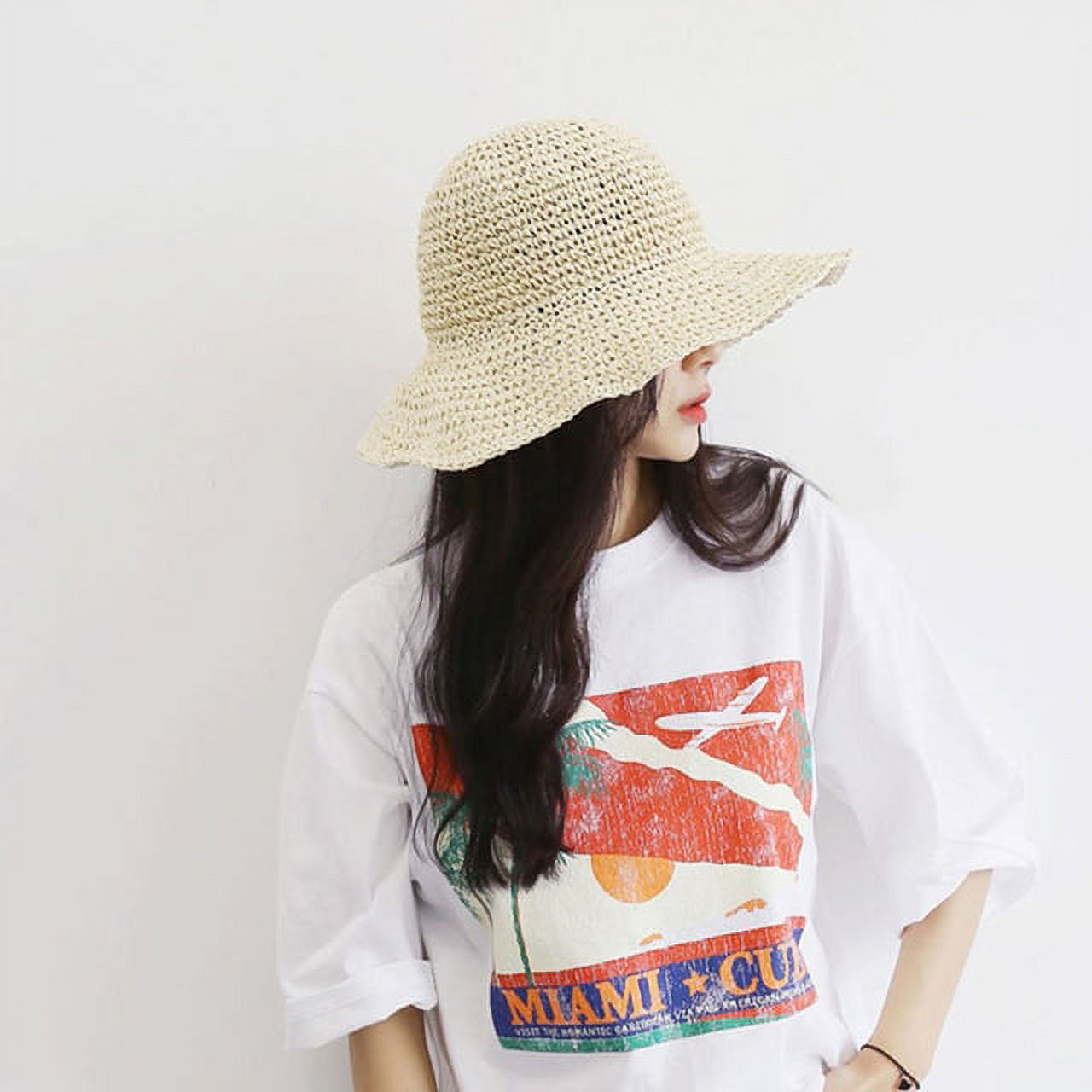 Girl Sun Hat Wide Brim Floppy Summer Hats for Women Beach Panama Straw ...