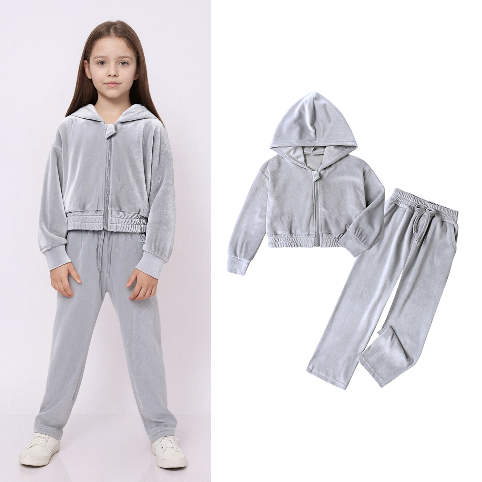 Girl Sweatsuit Grey Girls Velour Tracksuit Zipper Cropped Hoodie ...