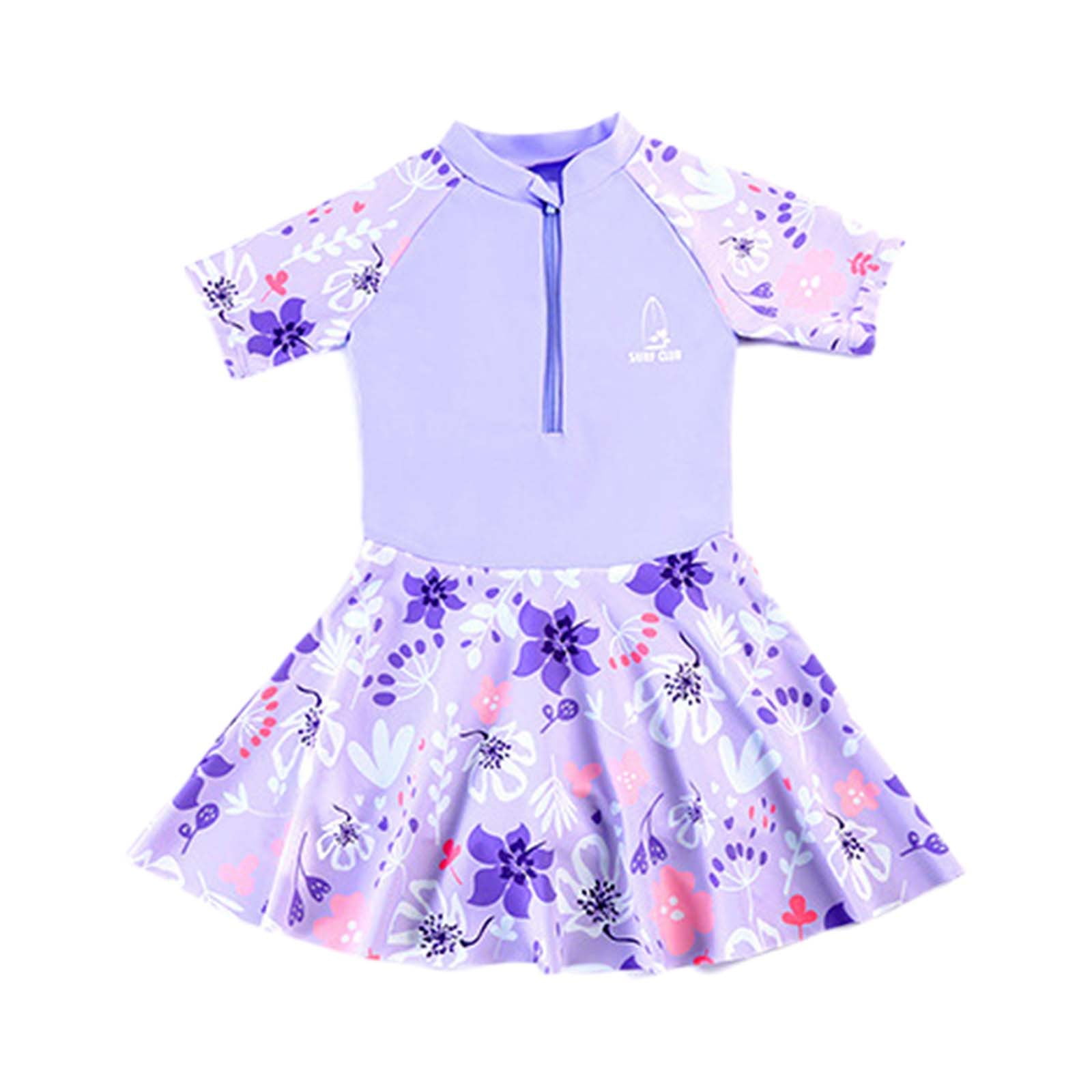 Girl Swimsuit Summer Beach Short Sleeve Floral Print Zipper Skirted ...