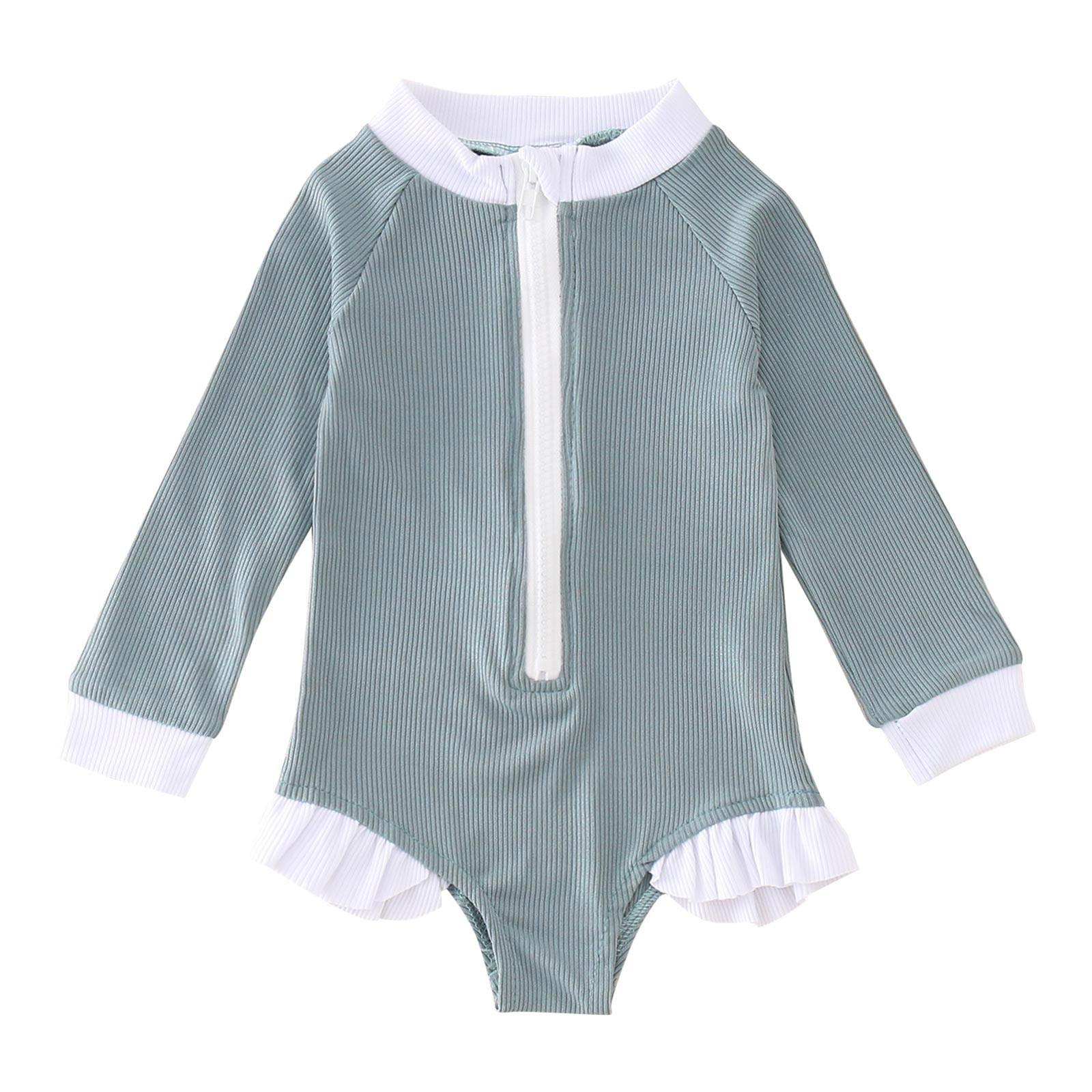 Girl Swimsuit Summer Long Sleeve Solid Color Ruffles 1 Piece Beach ...