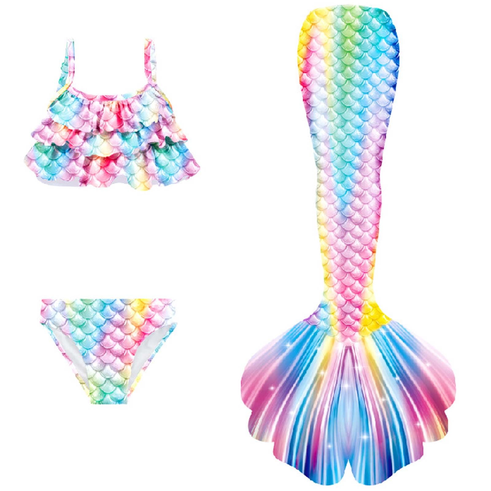 Girl Swimsuit Summer Split Swimsuits Rainbow Color Ruffles Bikini Tops ...