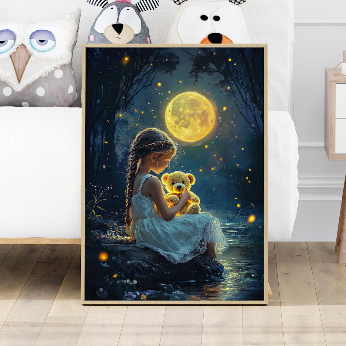 Girl With Teddy Bear Under Moonlight Poster Or, Whimsical Fireflies ...