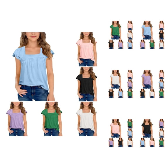 Girl Tshirts Square Neck Ruffle Sleeve Solid Color Girls Tops Trendy ...