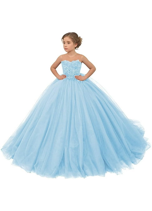 Long Dresses Lace Applique Pageant Dresses for Girls Poofy Flower Girl ...