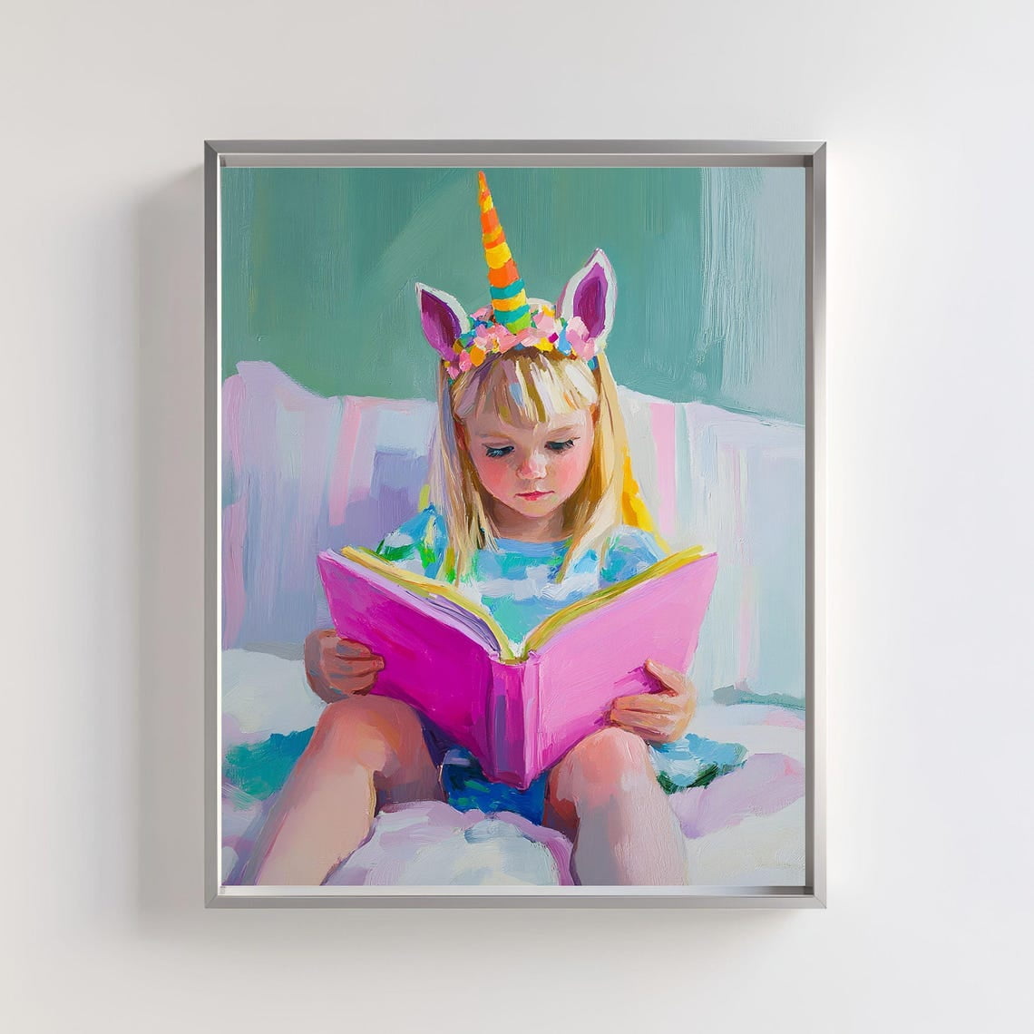 Girl With Unicorn Headband Reading Storybook Artwork, Cute Kid Reading ...