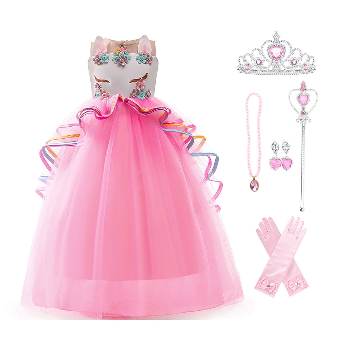 Girl Unicorn Party Princess Dress Rainbow Tulle Long Wedding Gown ...