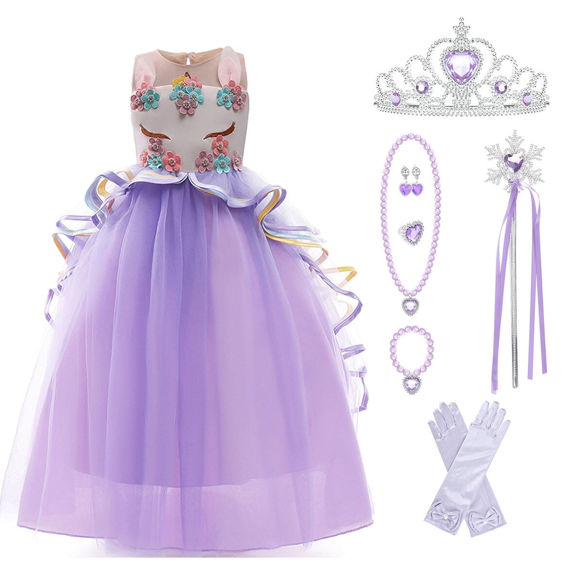 Girls' Unicorn Party Princess Dress Rainbow Tulle Long Wedding Gown ...