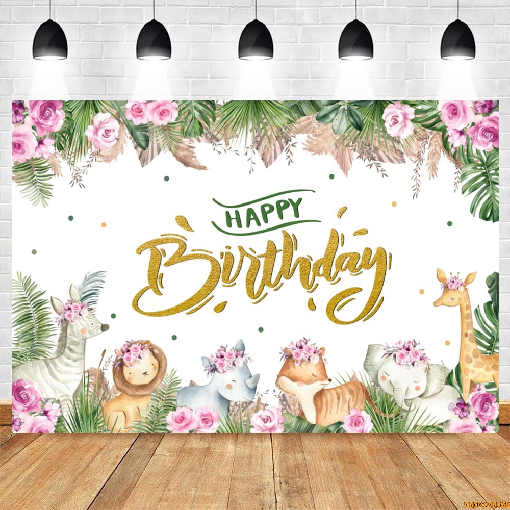Girl Wild One Jungle Safari Animals Backdrop Tropical Forest Flower ...
