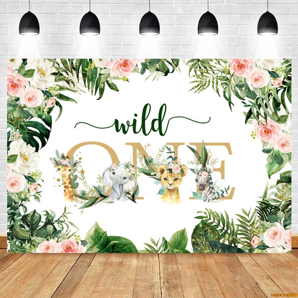 Girl Wild One Jungle Safari Animals Backdrop Tropical Forest Flower ...