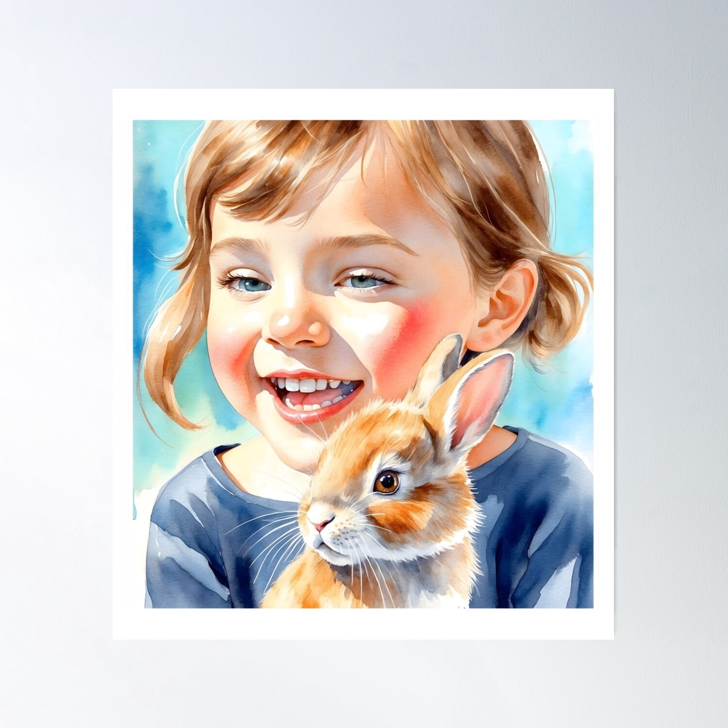 Girl With Bunny Watercolor Poster Wall Art, Modern Wall Decor, 16x16 ...
