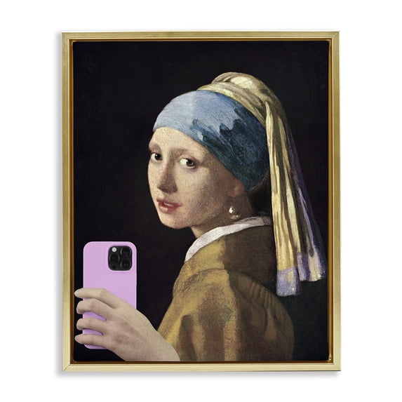 Girl With Pink Phone Funny Gold Framed Floater Canvas Wall Art, design ...