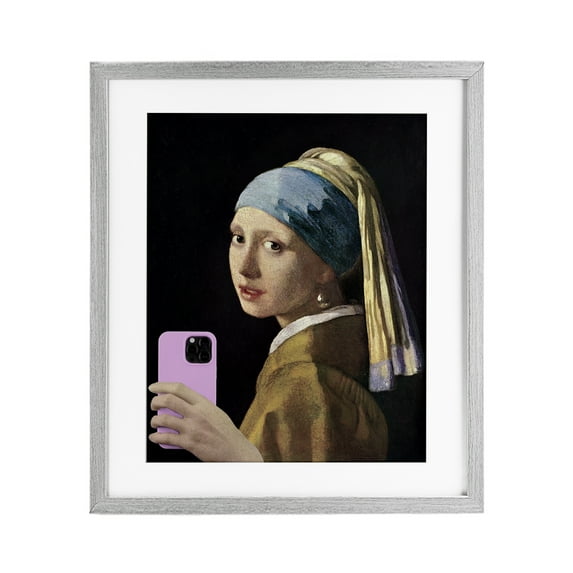 Girl With Pink Phone Funny Gray Framed Print Under Glass, design by ...