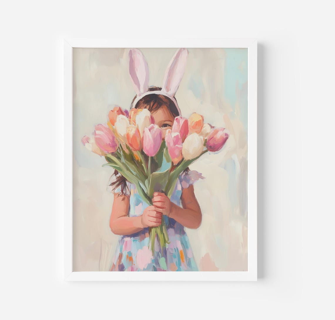 Girl With Tulips Art Print: Easter Bunny Ears, Nursery Decor #464 ...