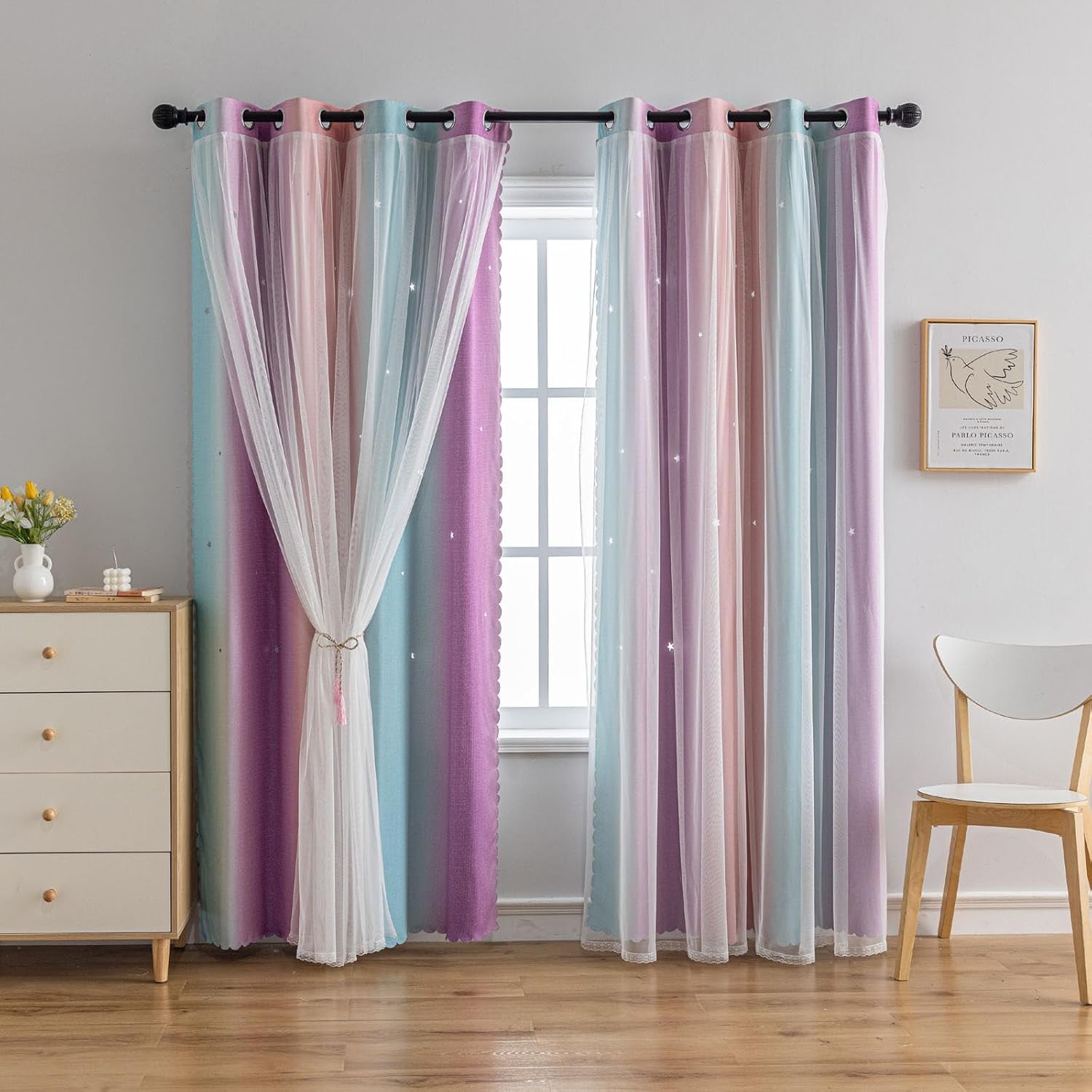 Girl and Curtains for Rainbow Ombre Double Layer Cute Shot Darkening ...