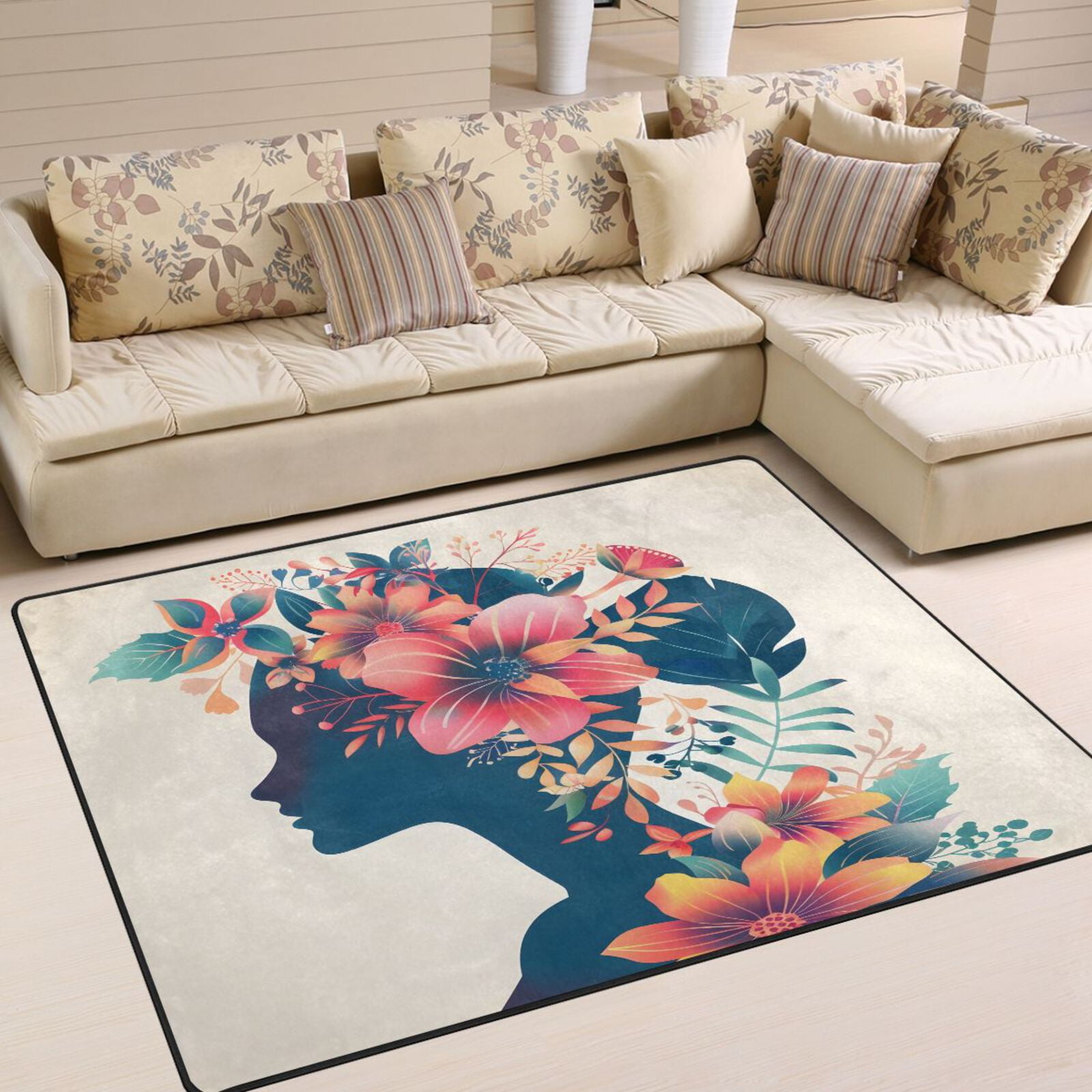Girl in Flowers Area Rug Washable 80 x 58 Floor Carpet Mat Non Slip for ...