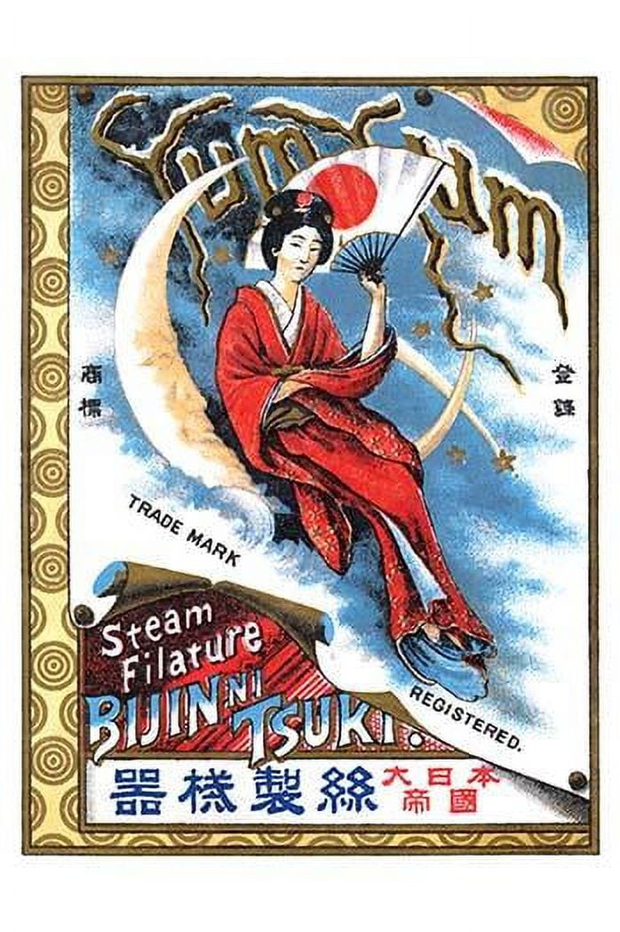 Girl in Kimono holds flag fan with Rising Sun as she sits on a Crescent ...