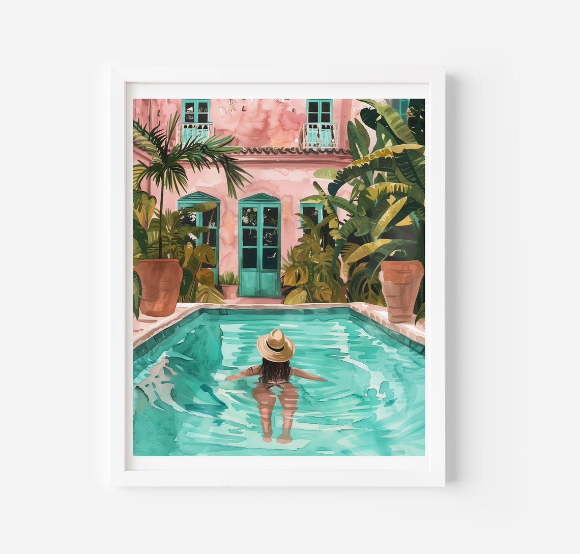 Girl in Pool Art Poster Retro Summer Vibe , Modern Tropical Poster Art ...