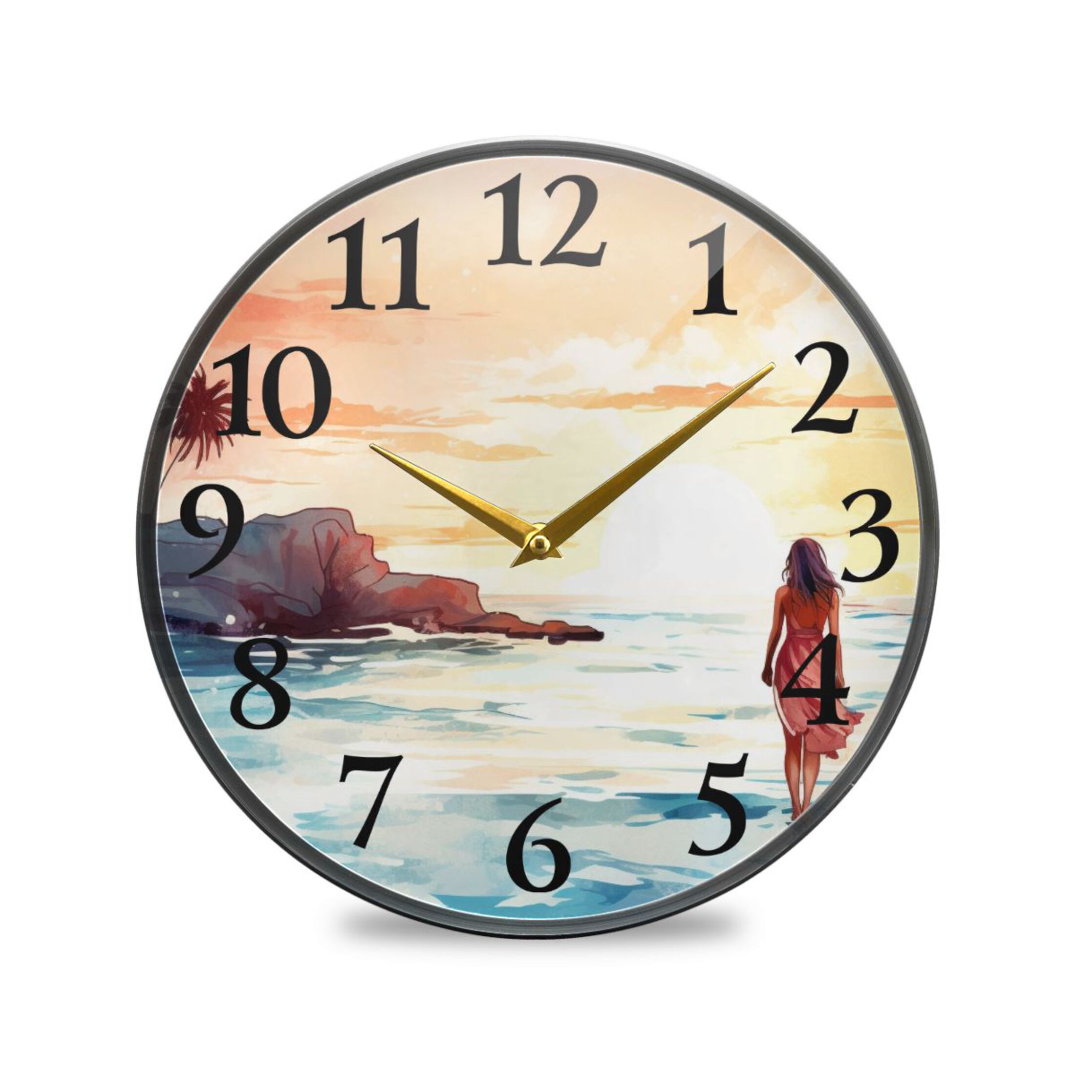 Girl on Beach Sunset Wall Clocks Battery Operated 11.9 Inch Round Clock Acrylic Silent Non ...