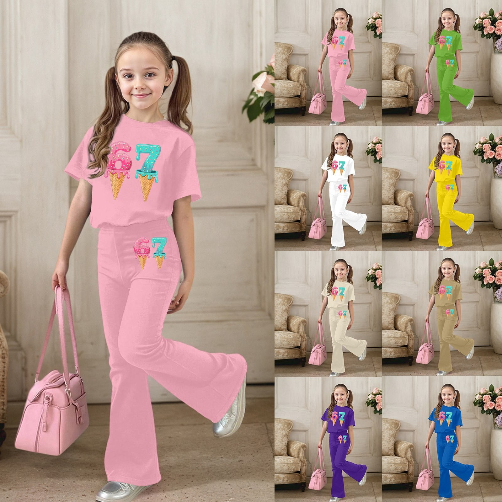 Girl's 2 Piece 67 Ice Cream Cone Drip Outfits 6 7 Graphic Sweatshirt ...