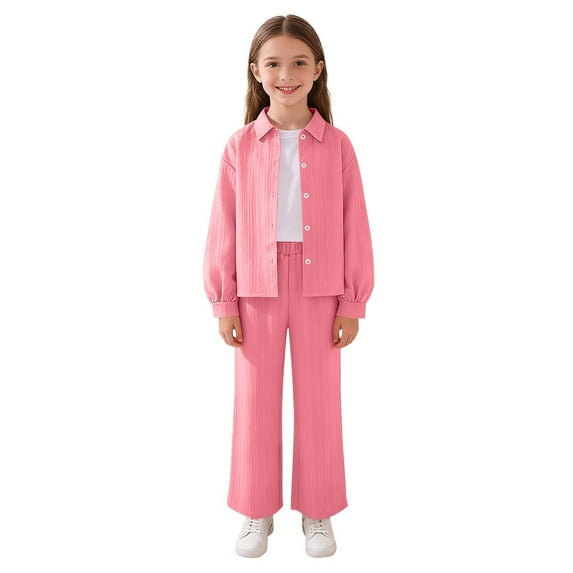 Girl's 2 Piece Casual Set Lapel Button Down Long Sleeve Shirts Elastic ...