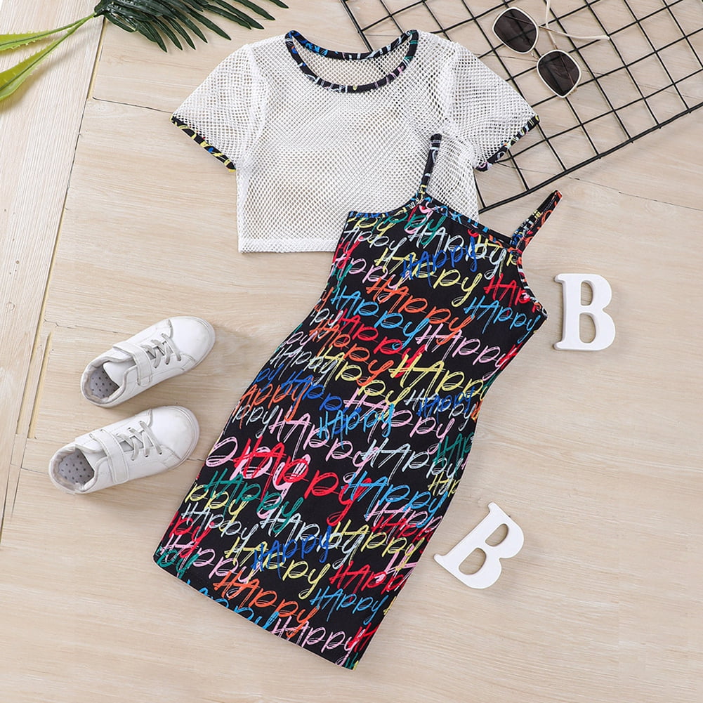 Girl's 2 Piece Dresses Outfits Short Sleeve Mesh Crop Top Tee ...
