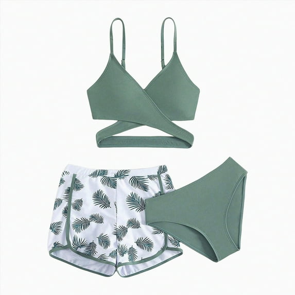 Girl's 3 Piece Bikini Sets Textured Ruffle Wireless Swimsuit Bathing ...