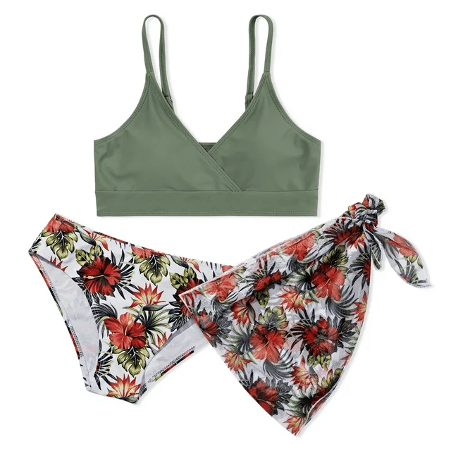 Girl's 3 Piece Bikini Swimwear Floral Padded Bikini Bathing Suit High ...