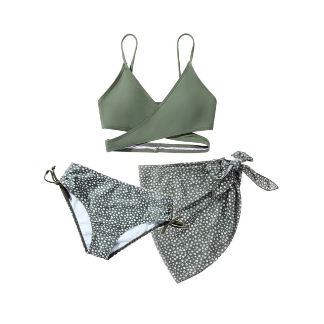 Girl's 3 Piece Floral Print Criss Cross Bikini Set Swimsuit High ...