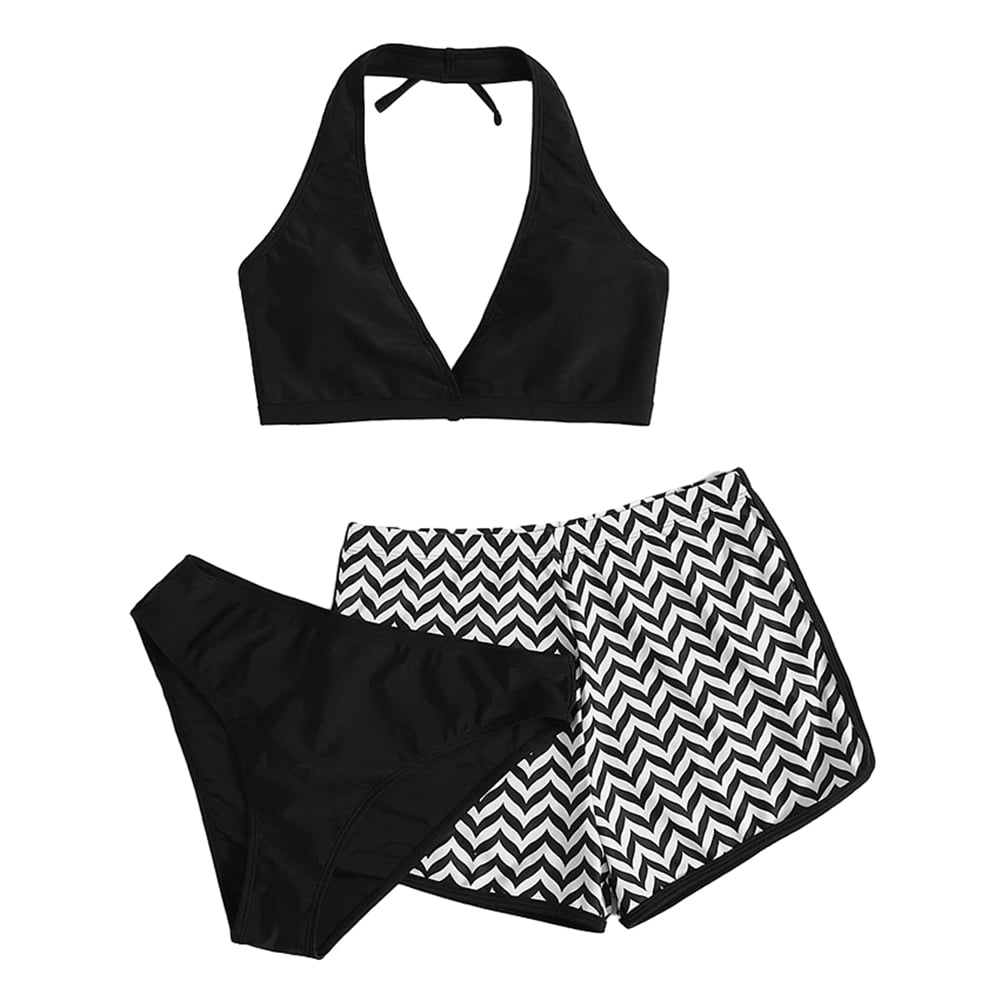 Girl's 3 Piece Swimsuits Simple Solid Color Halter Neck Bikini Bathing ...