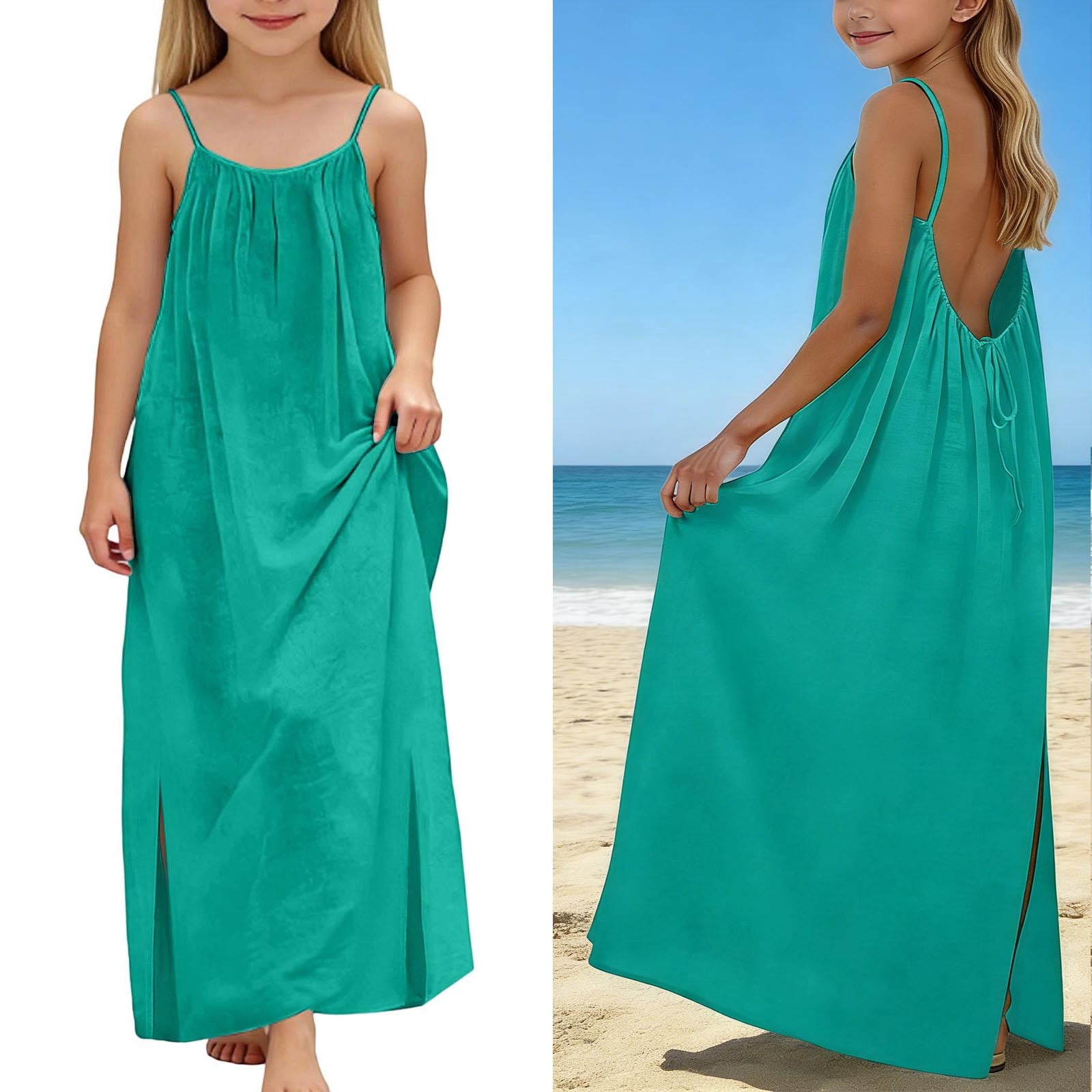 Girl's Backless Cami Dress Sleeveless House Dress Green Cute Flowy ...