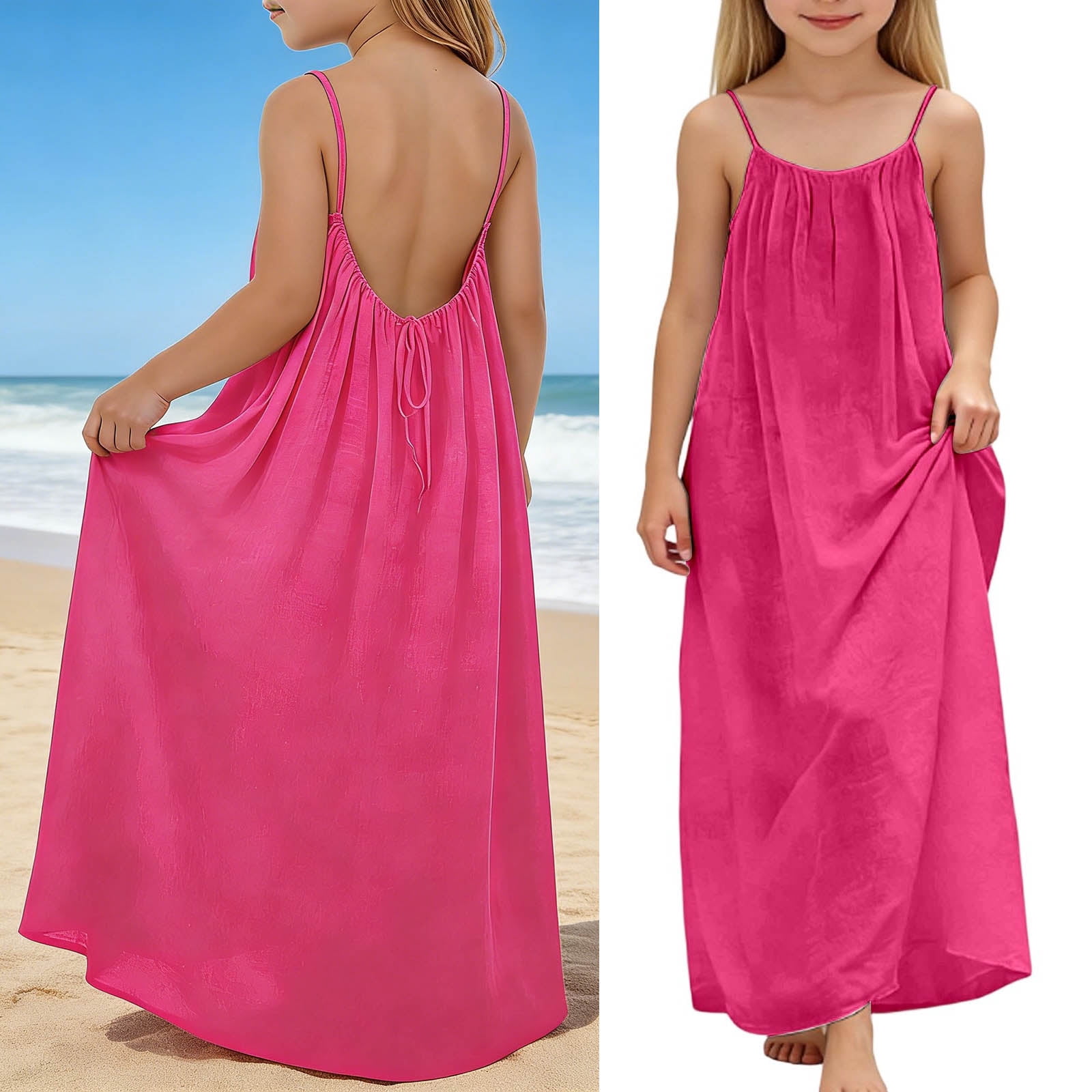 Girl's Backless Cami Dress Sleeveless House Dress Pink Girl Flowy Dress ...