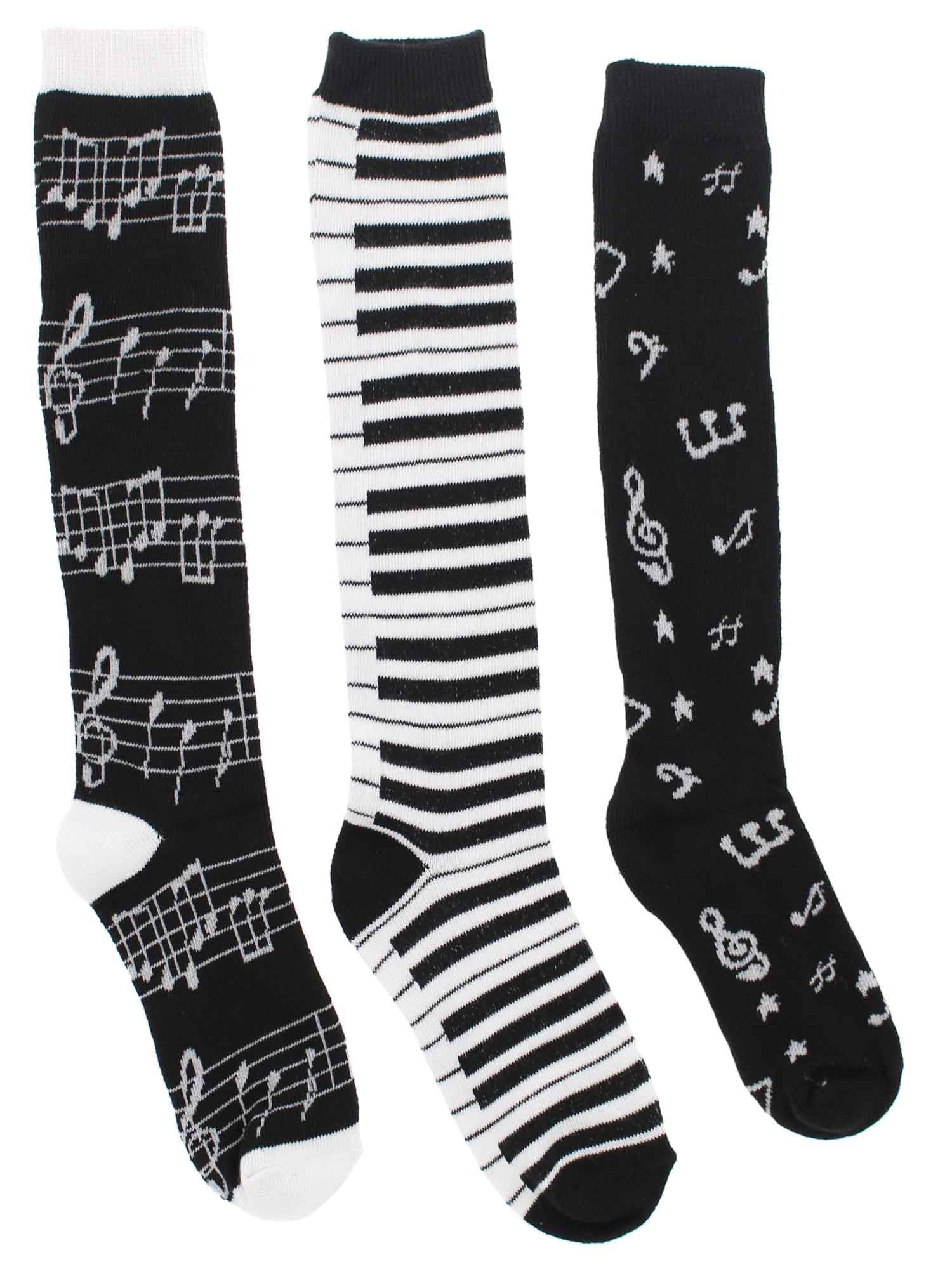 Girl's Black White Music Notes, Piano Keys, Instruments Knee High Socks ...