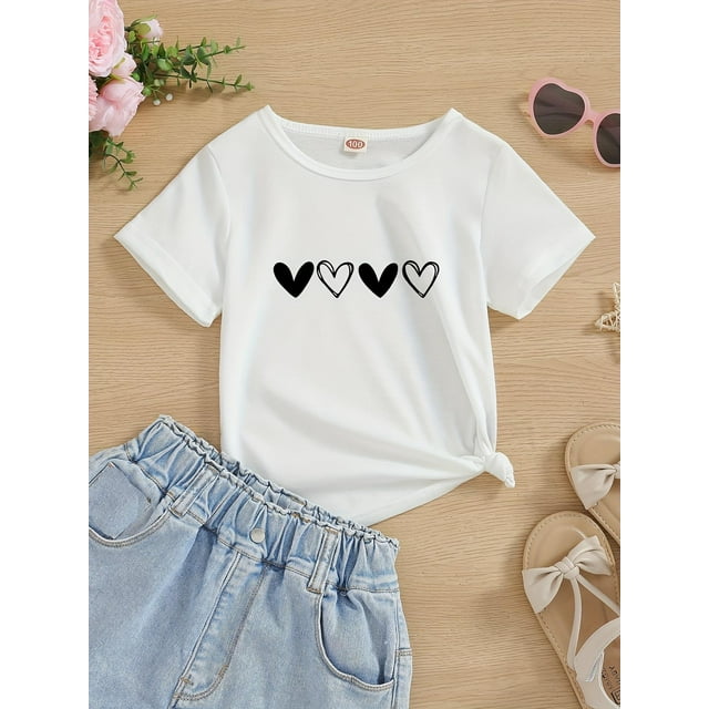 Girl's Cartoon Hearts Pattern Shirt, Casual Breathable Comfy Short ...