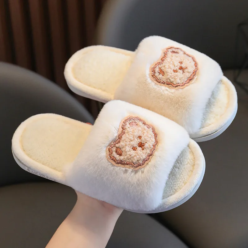 Girl's Cartoon Slippers Furry Open Toe Solid Color Home Outdoor ...