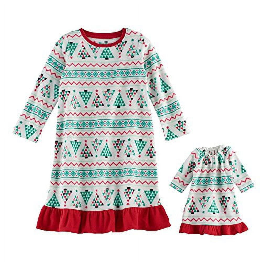 Girl's Christmas Tree Fair Isle Fleece Nightgown With Doll Gown, Size ...