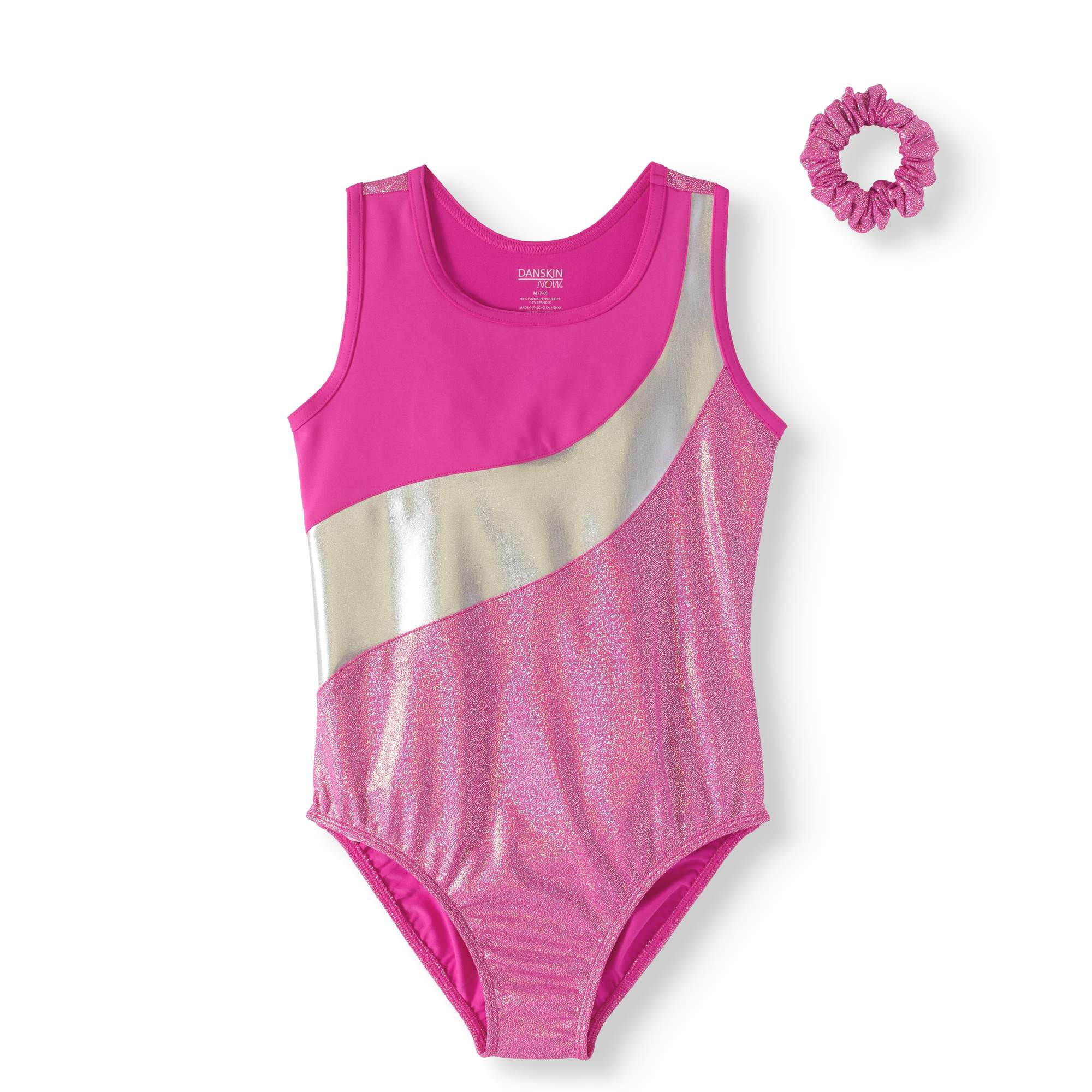 Girl's Color block pink and silver leotard with matching hair tie ...