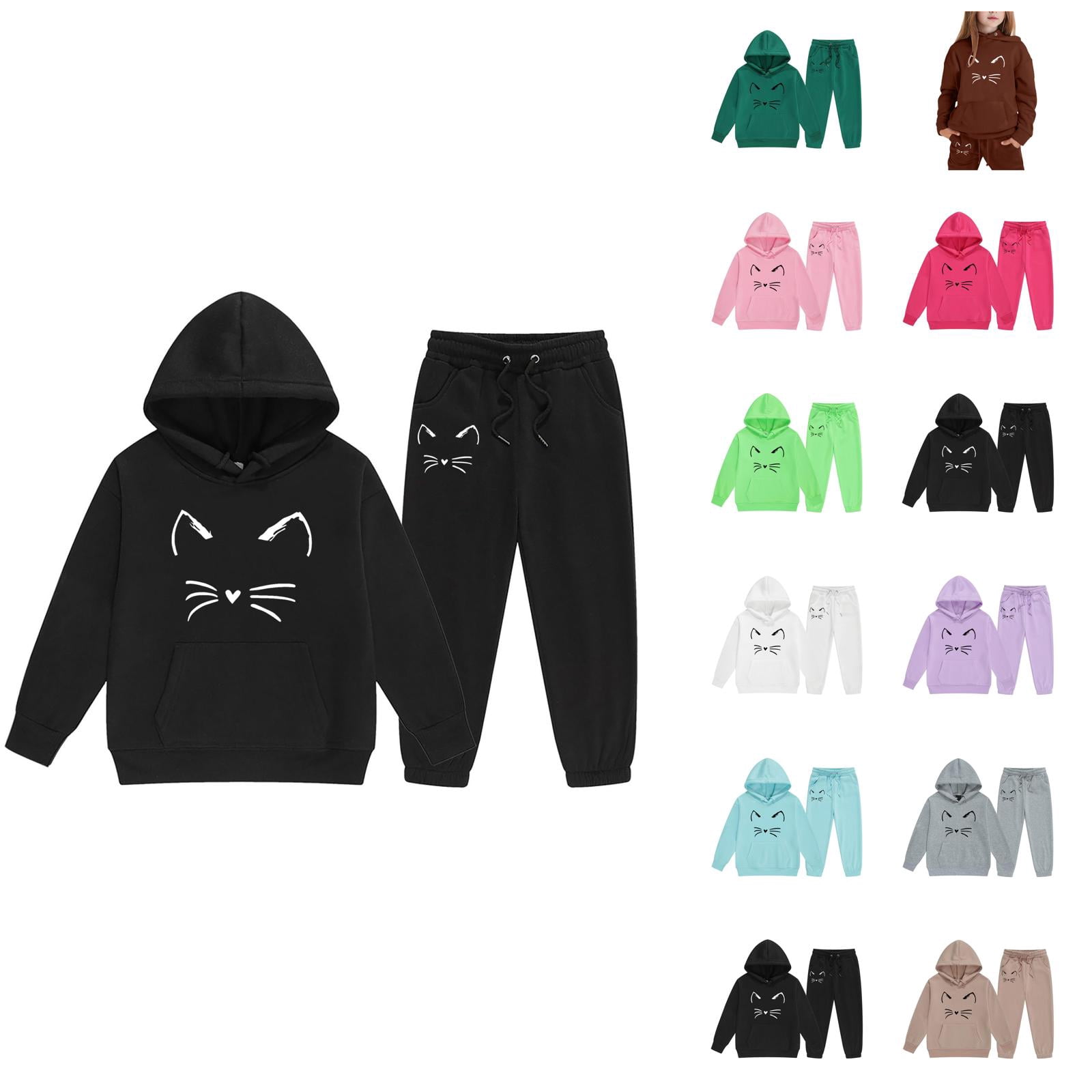 Girl's Cute Cat Graphic Tracksuit Long Sleeve Fall Winter Hoodie and ...