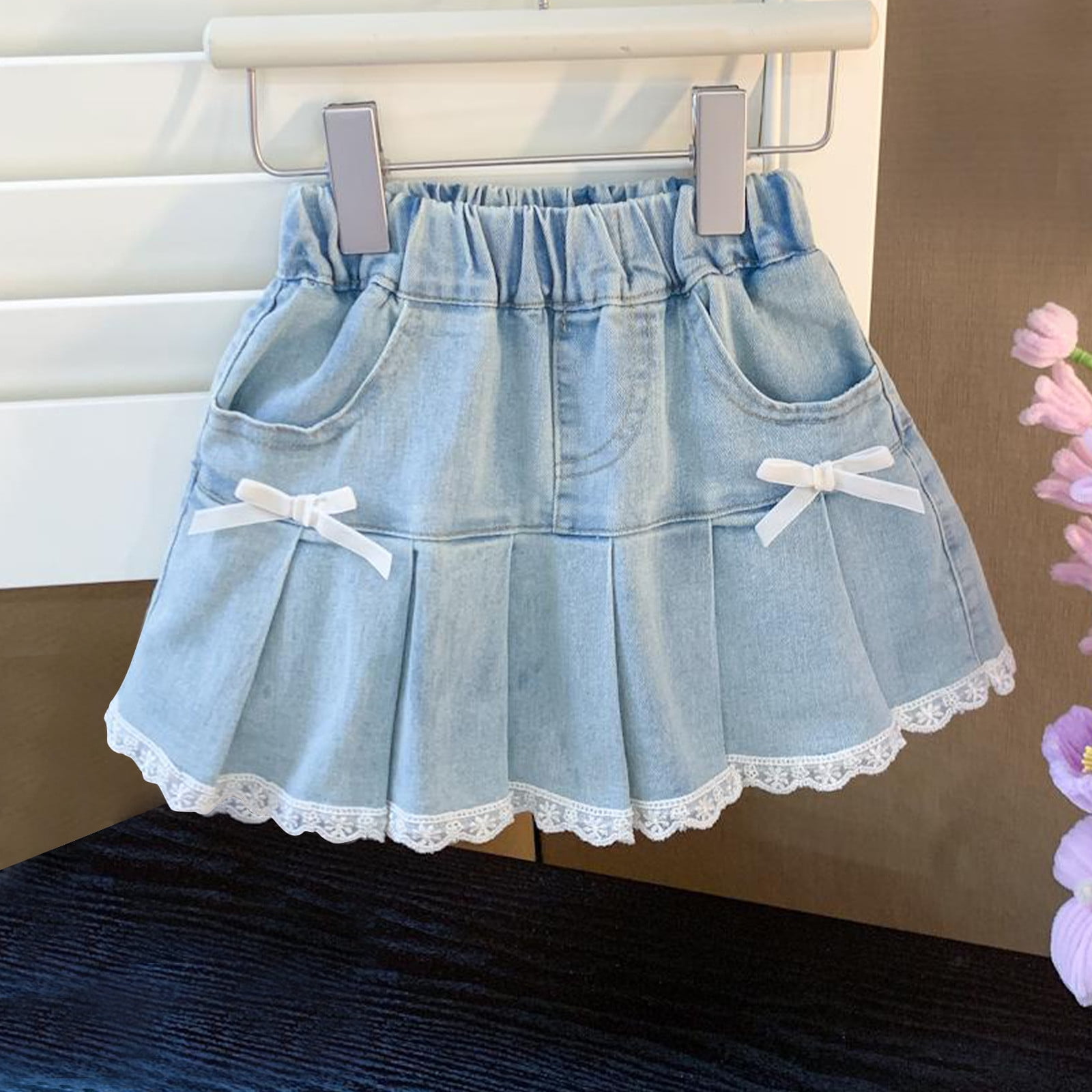 Girl's Denim Short Skirt with Elastic Waist, Lace Trim, Bow, and Side ...