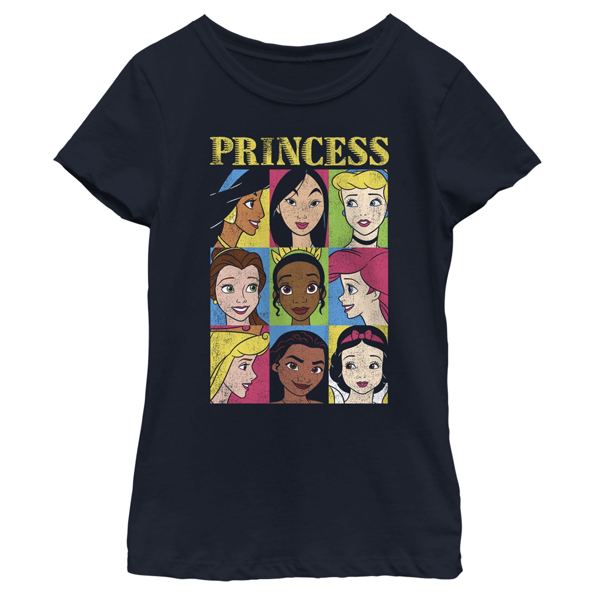 Girl's Disney Princess Distressed Close-Up Poster Graphic Tee Navy Blue ...