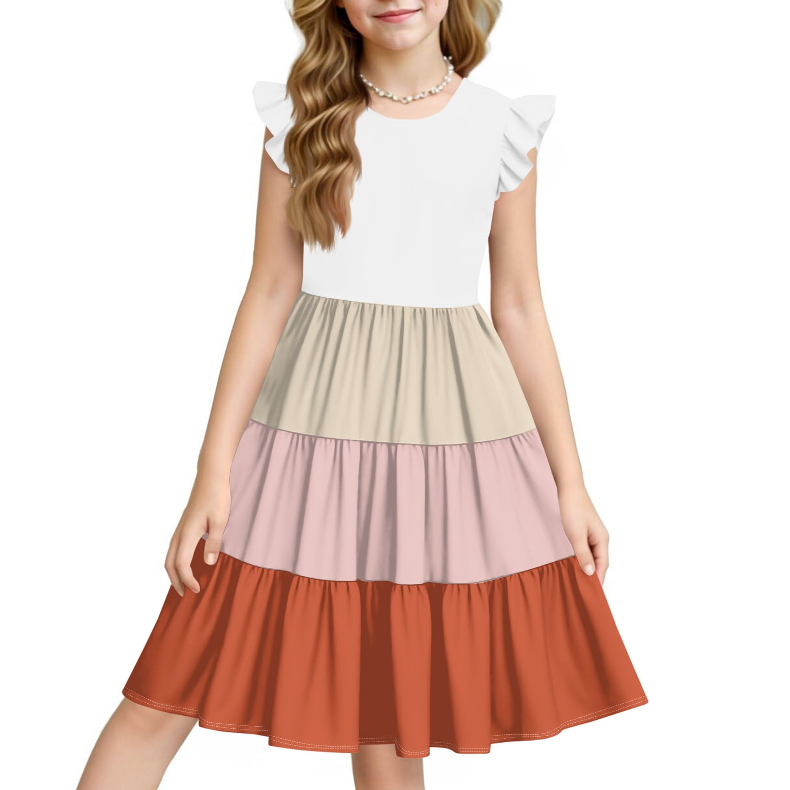 Girl's Dresses Color Block Ruffle Sleeve Tiered Swing A-Line Cute Midi ...