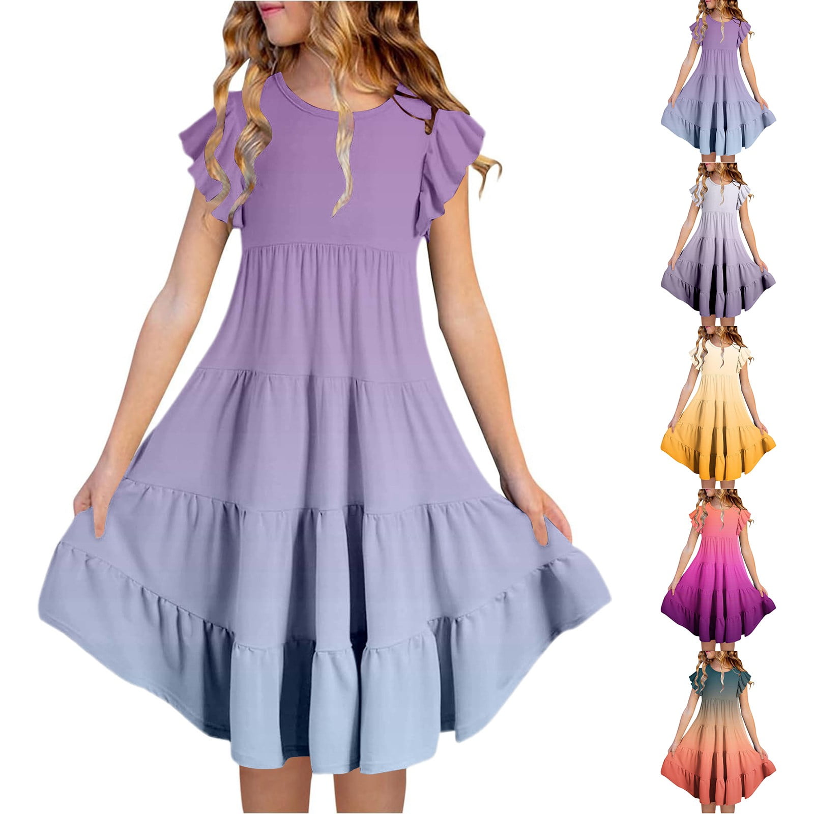 Girl's Dresses Size 18, Flutter Sleeve Solid Color Crew Neck Casual ...