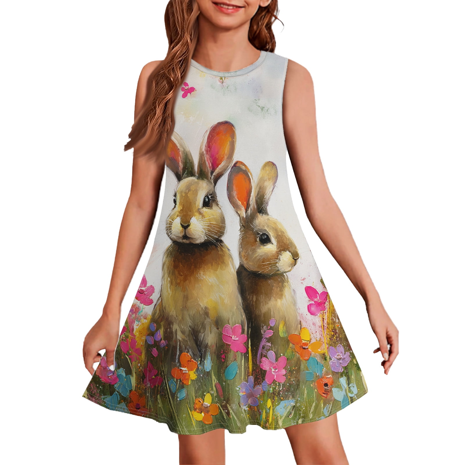 Girl's Easter Dresses 2026 Bunny Egg Print Party Sleeveless Sundress ...