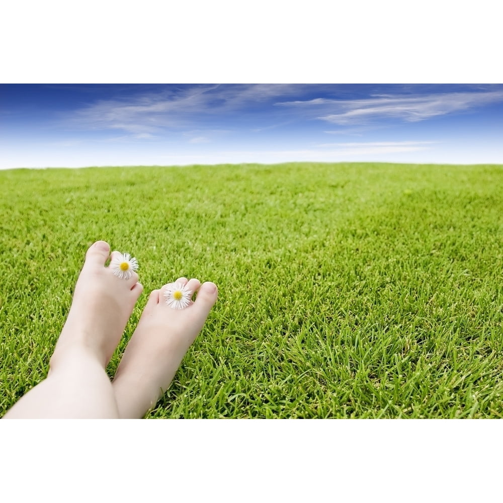 Girl's Feet On Grass With Flowers Between Her Toes. Poster Print (34 x ...