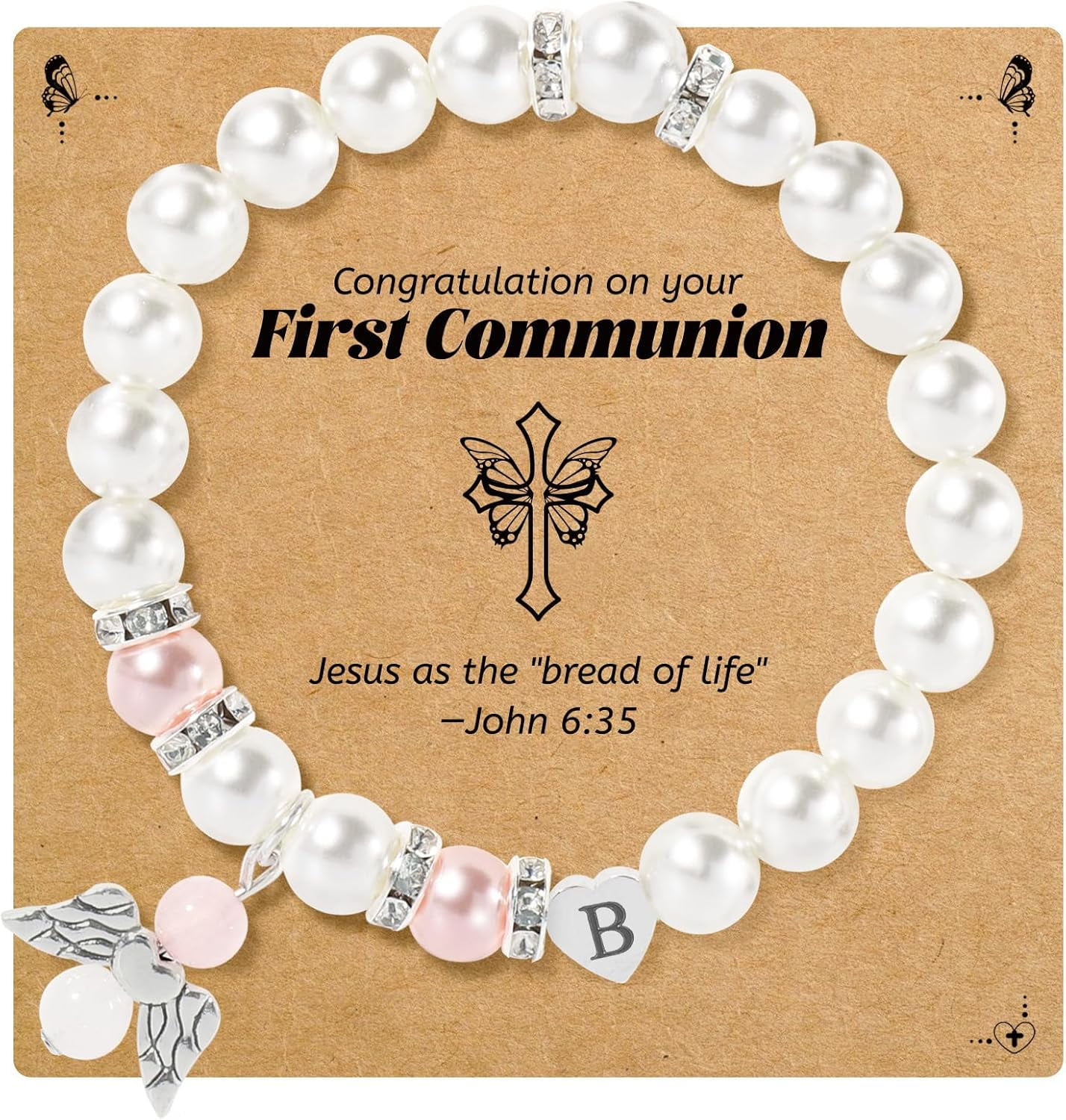 Girl's First Communion Gift, Angel Wings Heart Letter Pearl Bracelet ...