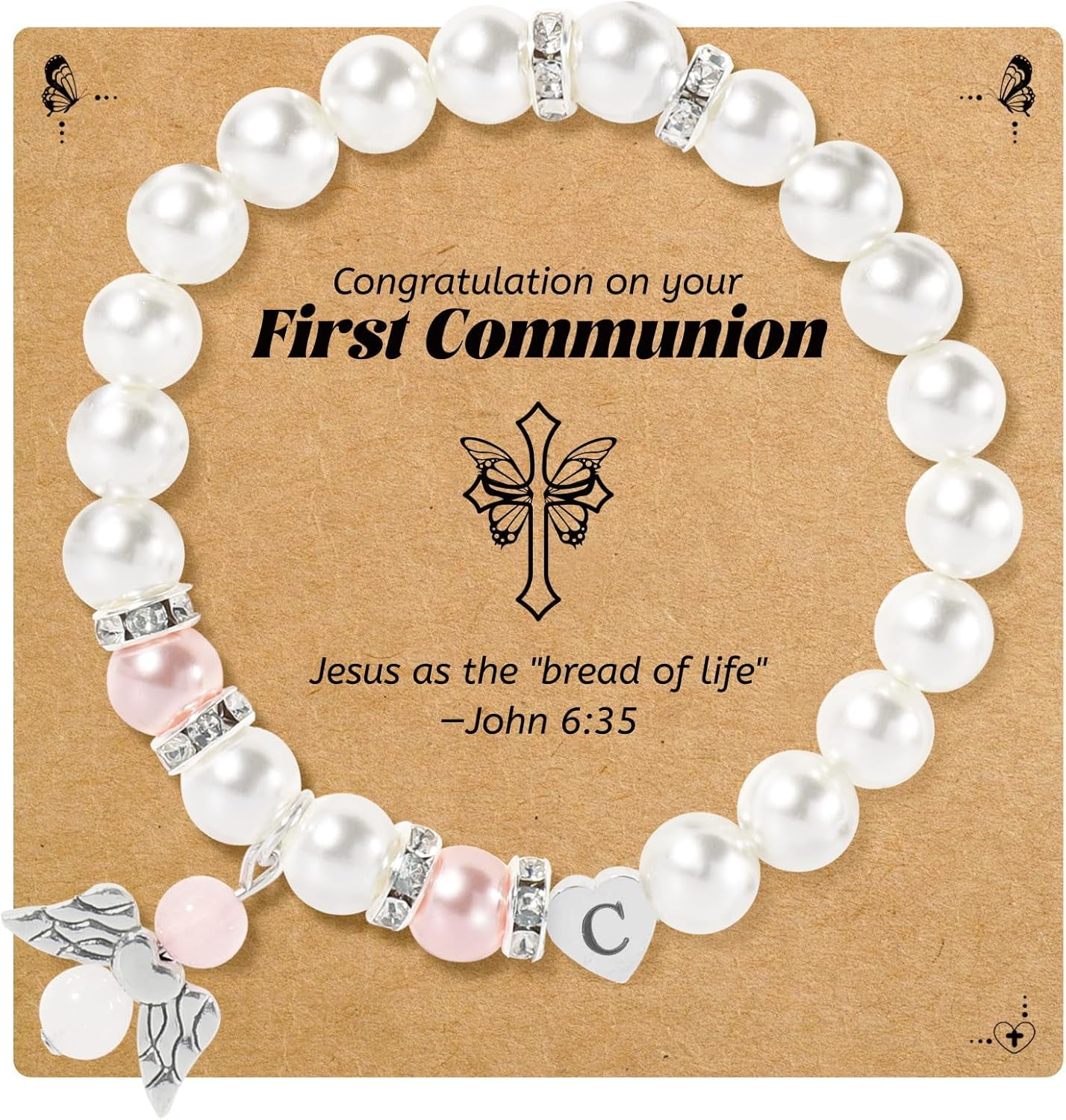 Girl's First Communion Gift, Angel Wings Heart Letter Pearl Bracelet ...
