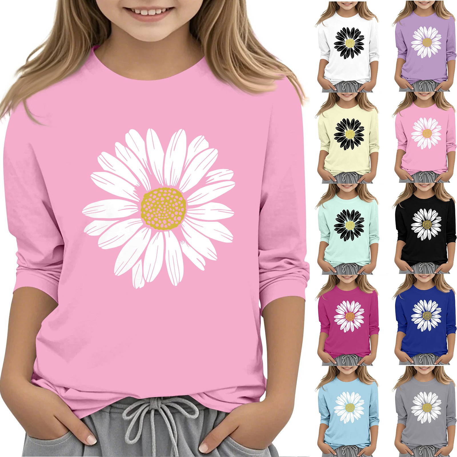 Girl's Floral Graphic Tees Crew Neck 3/4 Sleeve T Shirts Cute Daisy ...