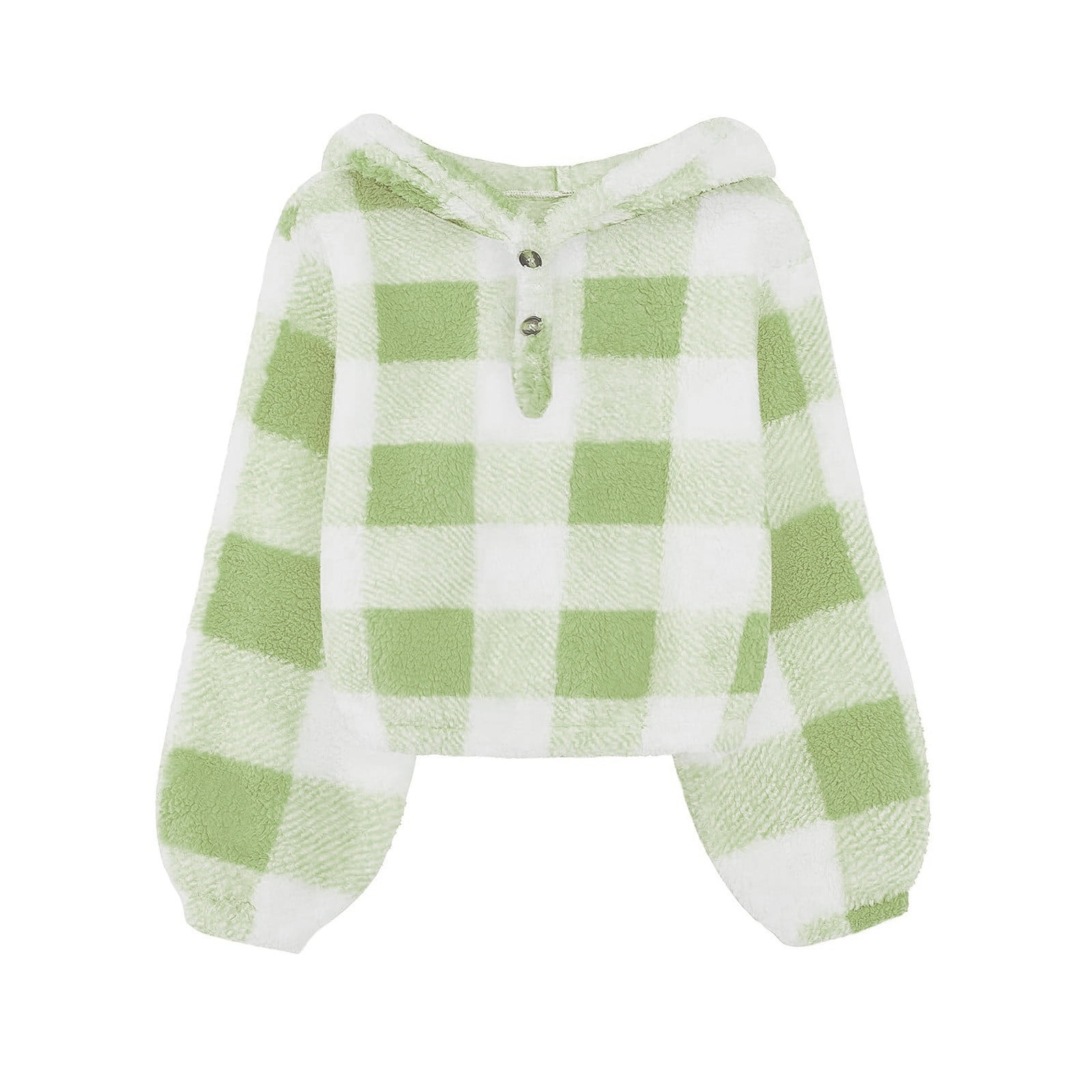 Girls Fuzzy Hooded Buffalo Plaid Top Solid Comfy Long Sleeves Loose ...