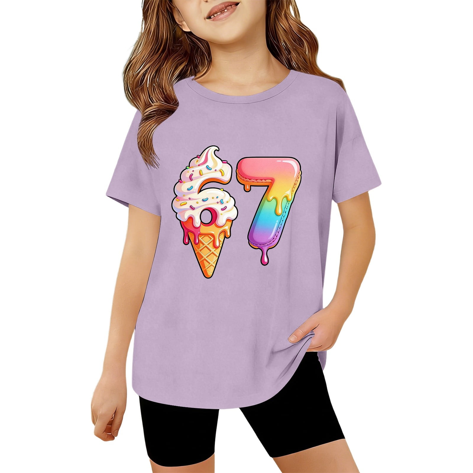 Girl's Graphic Print Tee Shirt 67 Number Round Neck Short Sleeve T ...