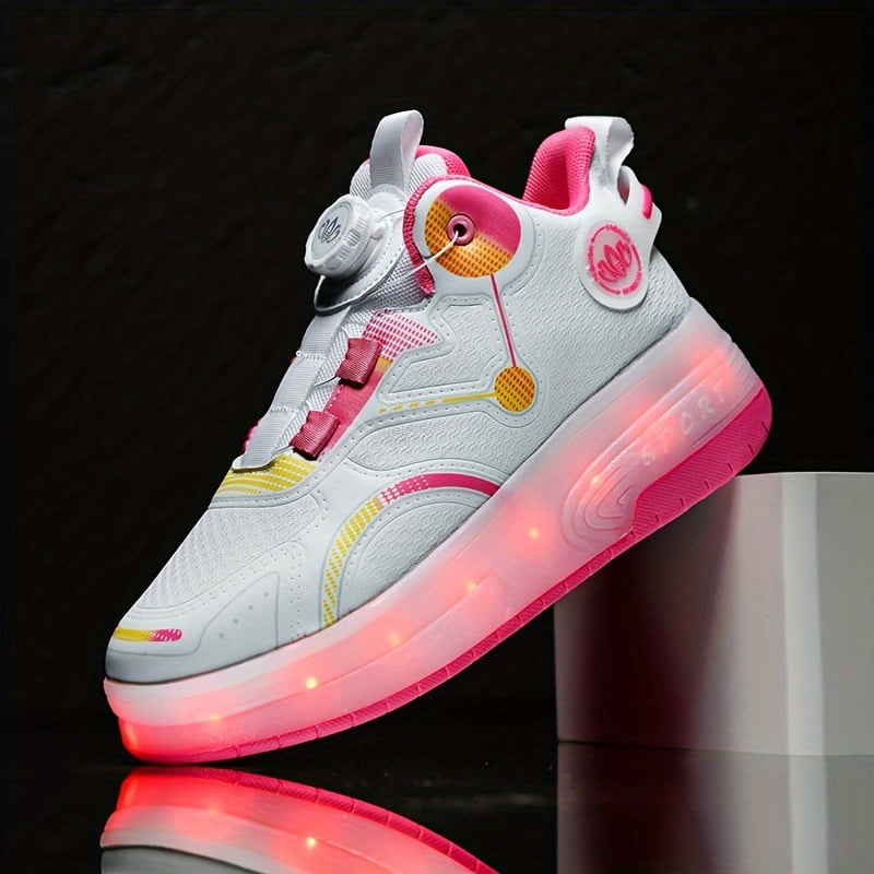 Girl's High Top LED Light Up Fashion Roller Shoes With Rotating Buckle ...