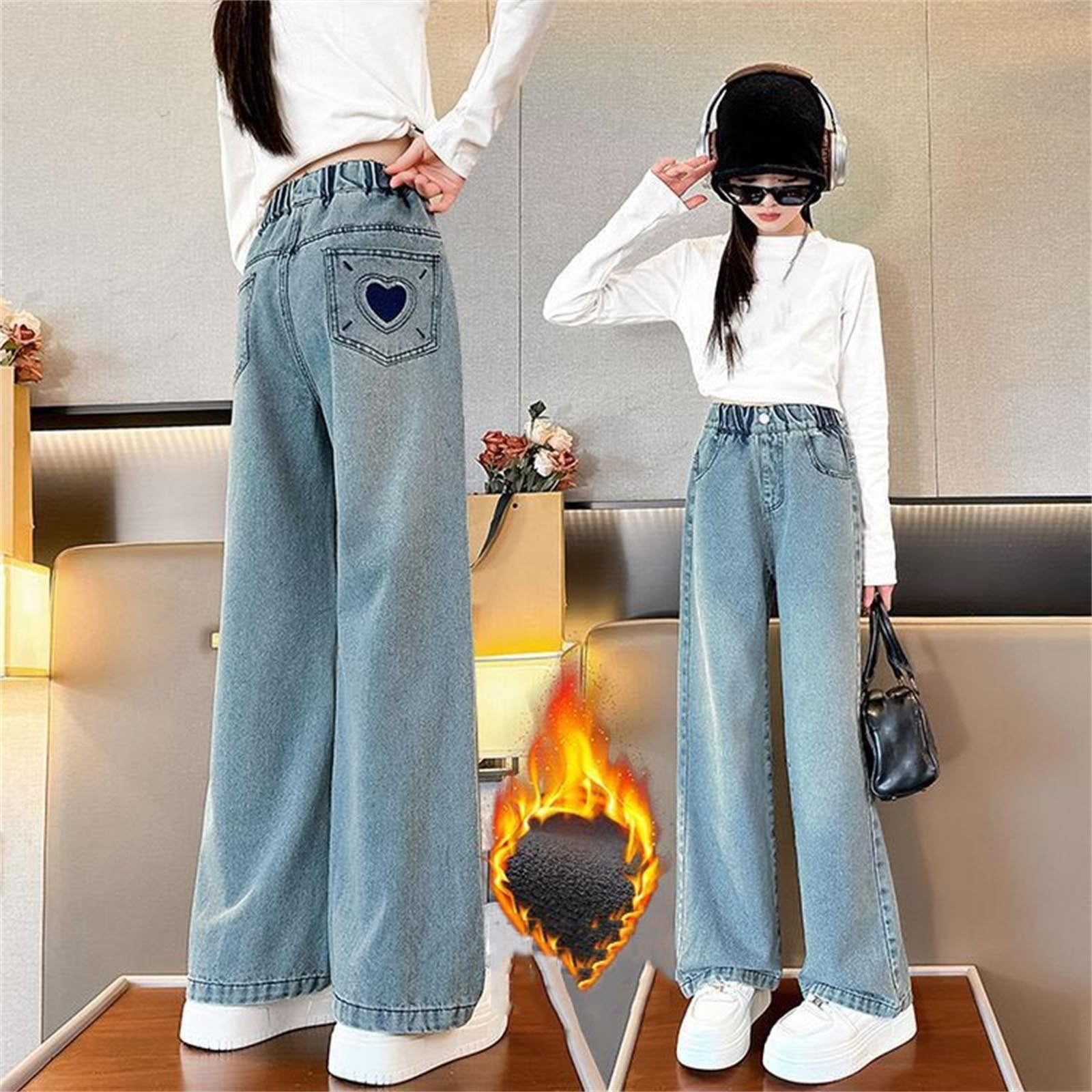 Girl's High Waist Zip Up Denim Pants Straight Leg Cargo Jeans with ...
